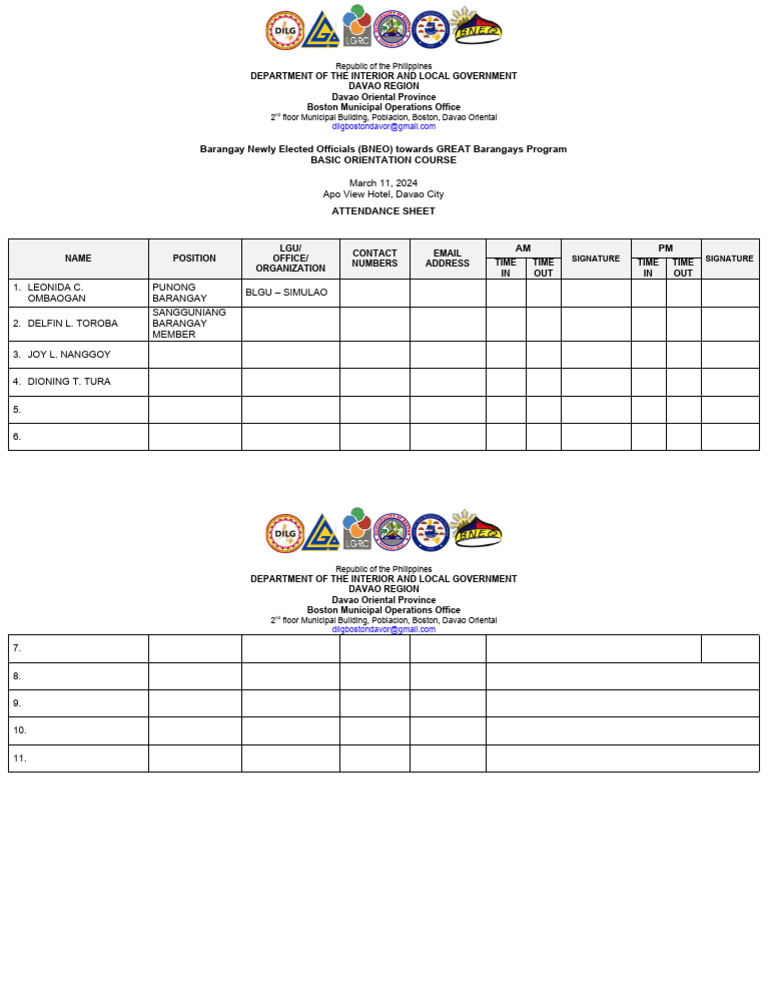 Attendance Sheet Template - BNEO Orientation | PDF | Local Government | Economy Of The Philippines