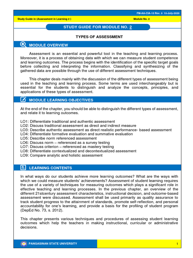 SG 2 Assessment of Learning 2 | PDF | Educational Assessment | Learning