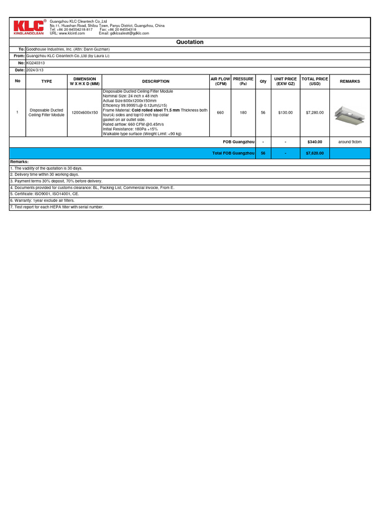 KLC KQ240313 Disposable Ducted Ceiling Filter Module | PDF | Equipment | Building Engineering