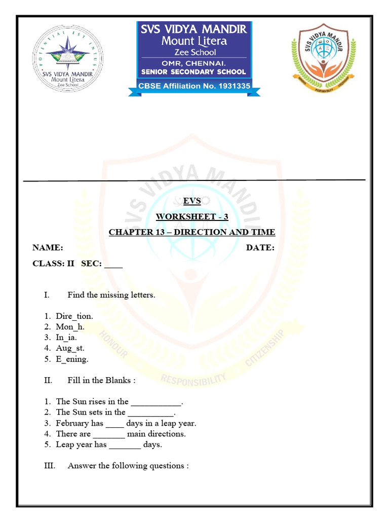 EVS Grade 2 Worksheet 3 Direction and Time | PDF