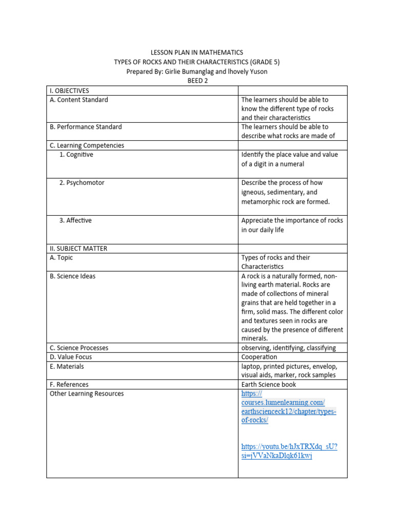 Lesson Plan in Science Types of Rocks and Their Characteristics | PDF ...