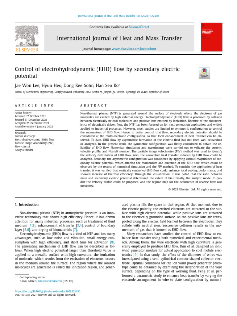 Control of Electrohydrodynamic (EHD) Flow by Secondary Electric Potential | PDF | Heat Transfer ...