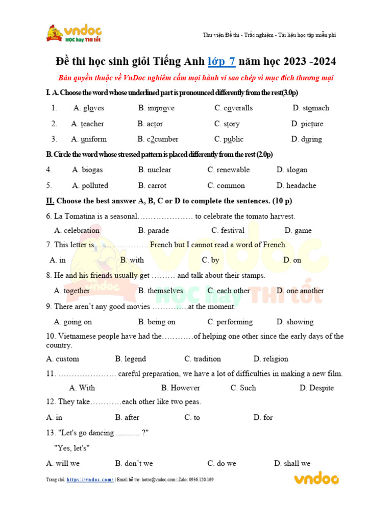 De Thi Hoc Sinh Gioi Tieng Anh Lop 7 Nam Hoc 2023 2024 | PDF | Moon