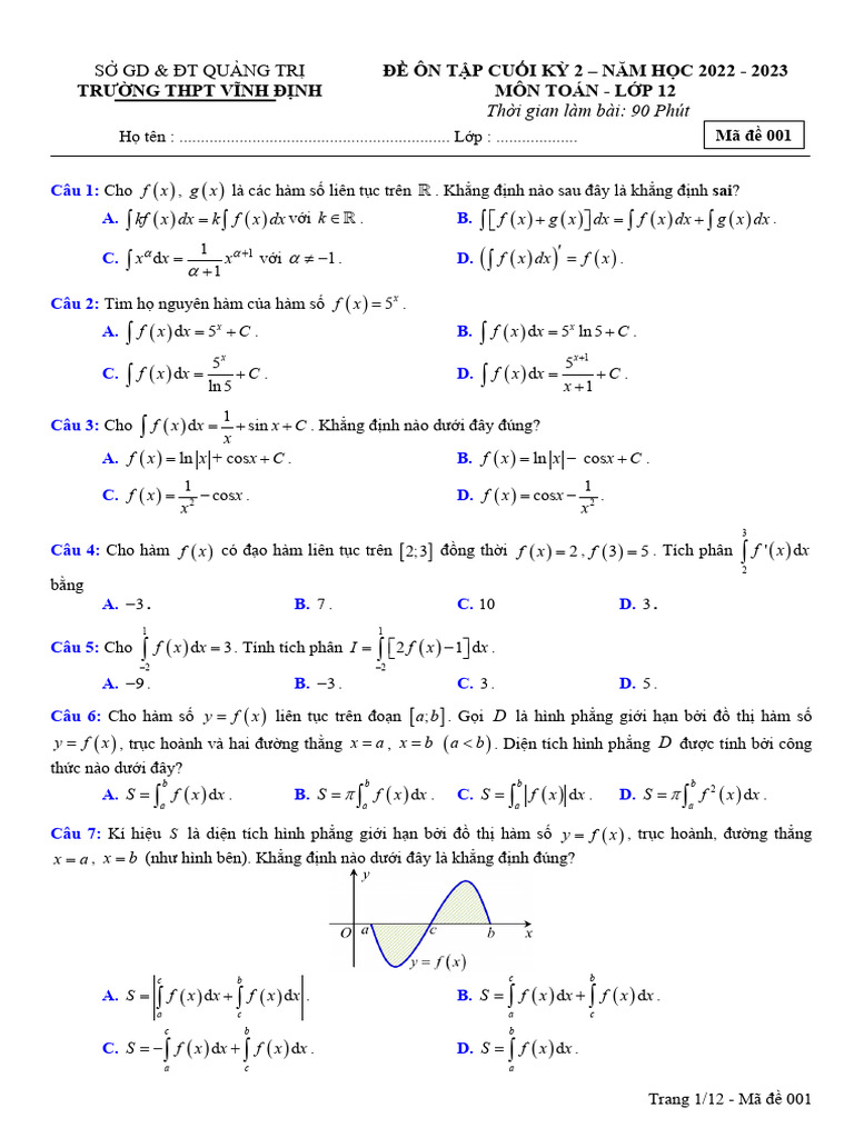 De On Tap Cuoi Ky 2 Toan 12 Nam 2022 2023 Truong THPT Vinh Dinh Quang Tri | PDF
