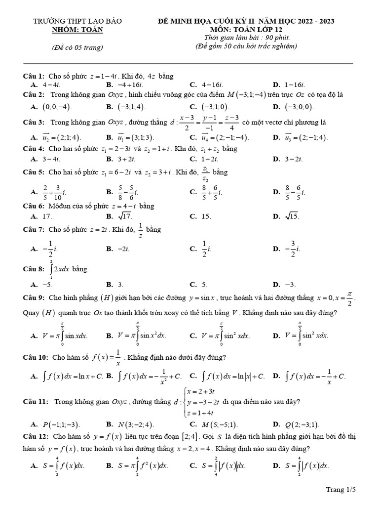 De Minh Hoa Cuoi Ky 2 Toan 12 Nam 2022 2023 Truong THPT Lao Bao Quang Tri | PDF