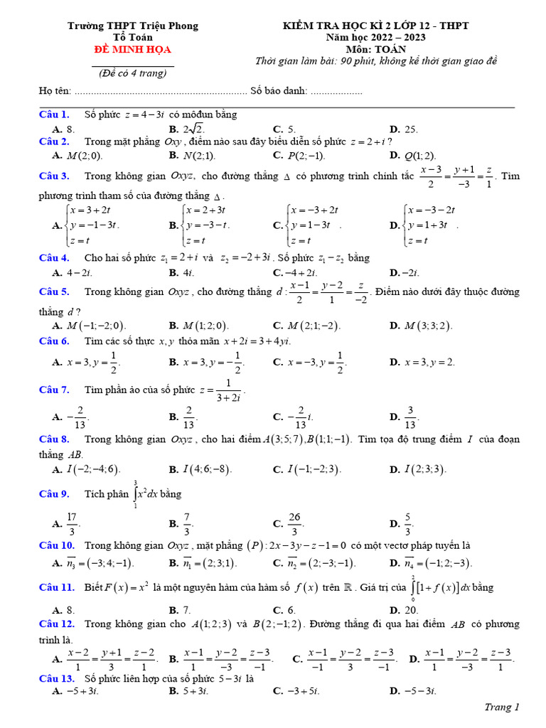 De Minh Hoa Hoc Ki 2 Toan 12 Nam 2022 2023 Truong THPT Trieu Phong Quang Tri | PDF
