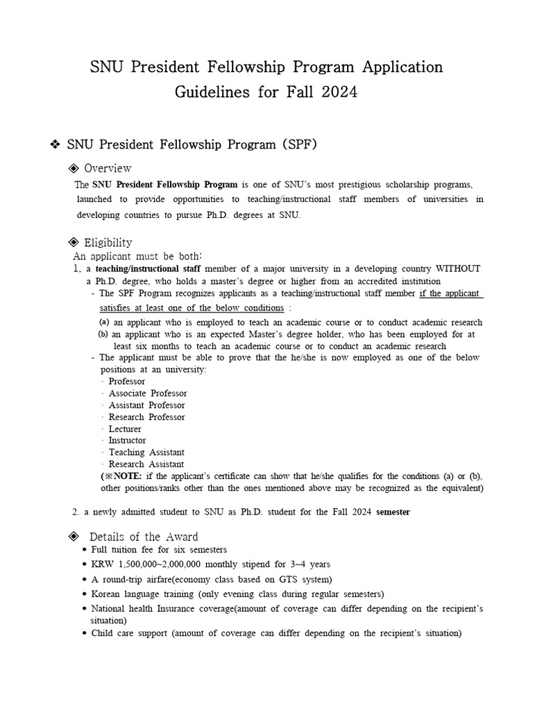 Application Guidelines For SNU President Fellowship Fall 2024 | PDF ...
