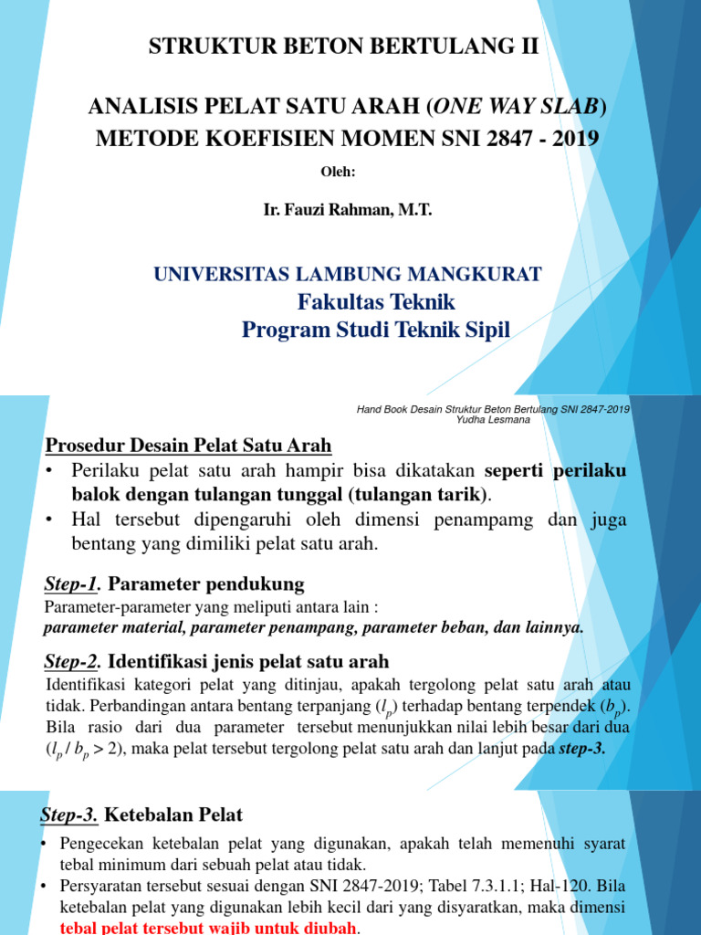 Struktur Beton Bertulang Ii Analisis Pelat Satu Arah (One Way Slab) Metode Koefisien Momen Sni ...