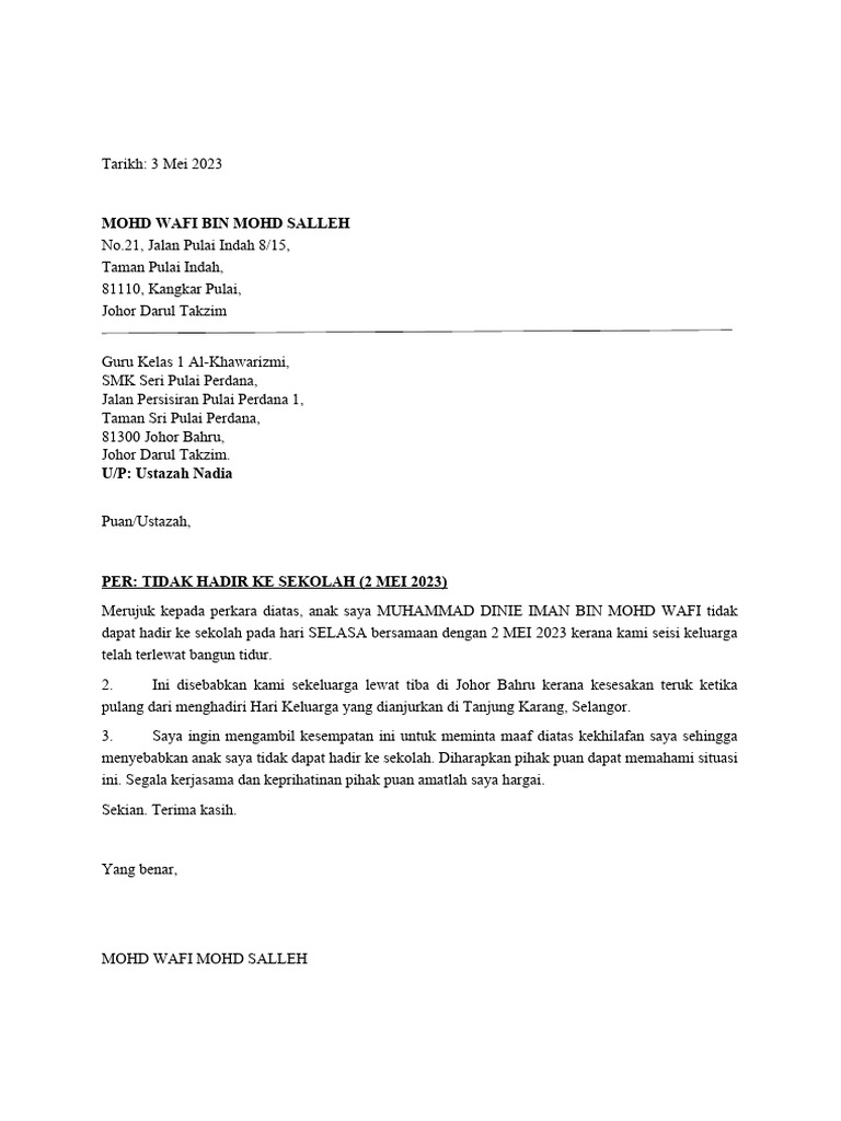 Contoh Surat Cuti Sekolah | PDF