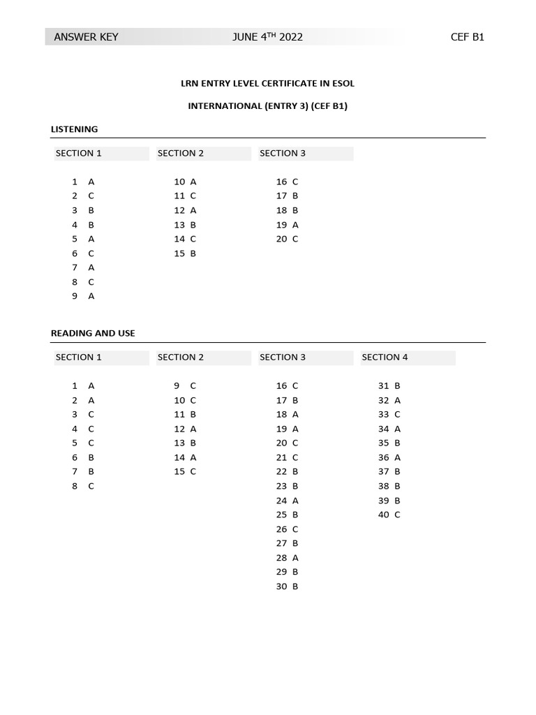 LRN B1 JUNE 2022 EXAM PAPER A ANSWER KEY | PDF