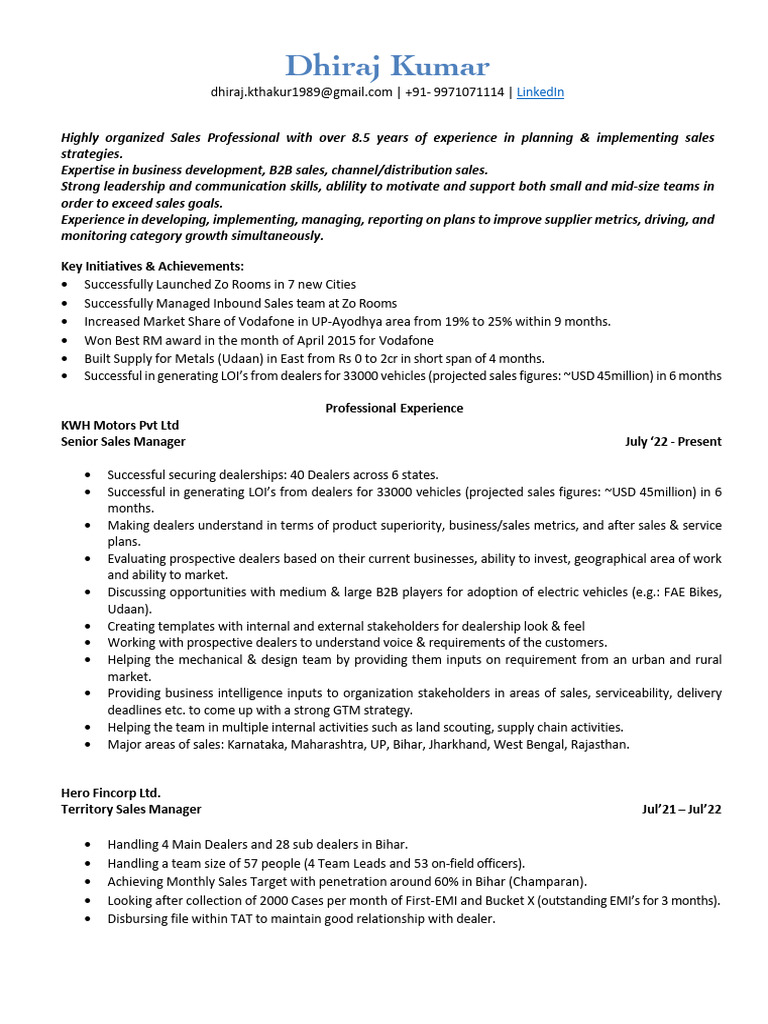 Resume - Dhiraj Kumar | PDF | Sales | Product (Business)