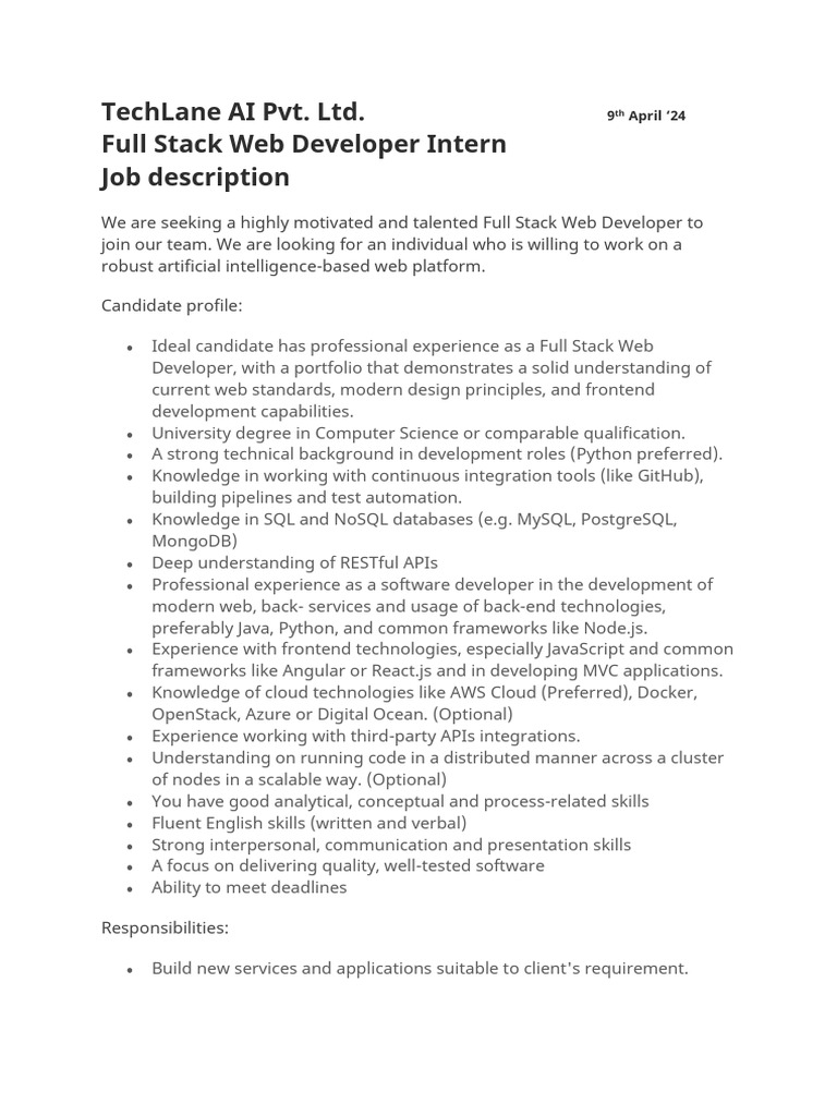 Job Description Full Stack Web Developer | PDF | Web Development | Systems Architecture