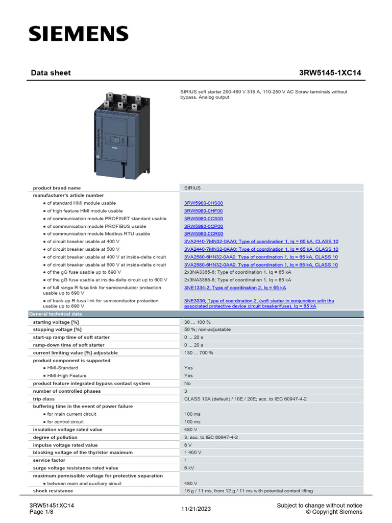 3RW51451XC14 Datasheet en | PDF | Alternating Current | Fuse (Electrical)