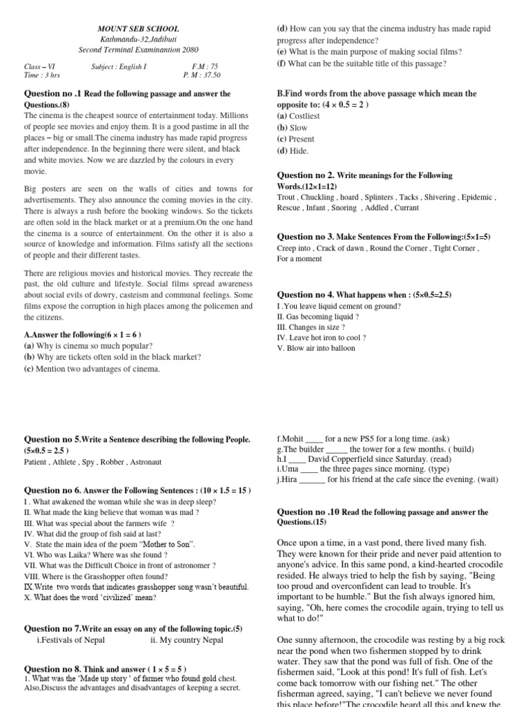 Class 6 Eng-I Question 2nd Term 2080 MOUNT SEB SCHOOL | PDF