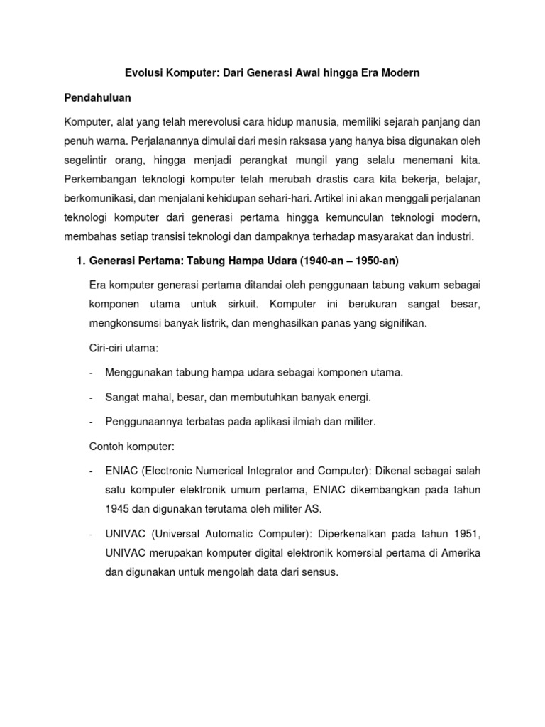 Evolusi Komputer Dari Generasi Awal hingga Era Modern | PDF
