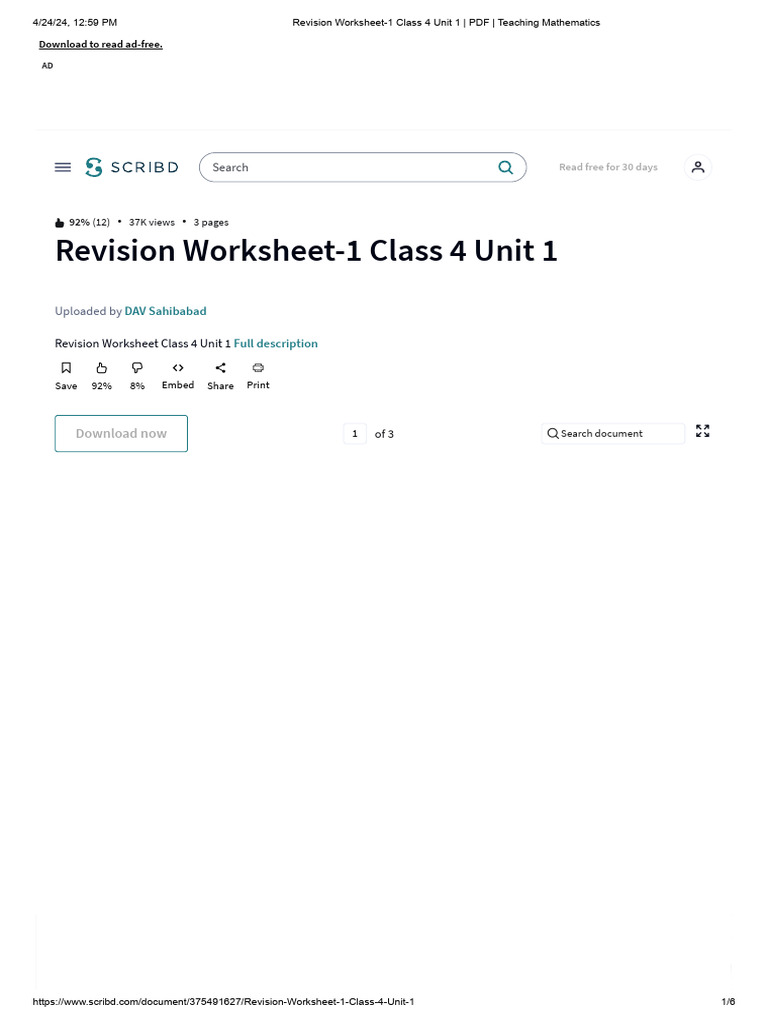 Revision Worksheet-1 Class 4 Unit 1 _ PDF _ Teaching Mathematics | PDF | Scribd | Online Services