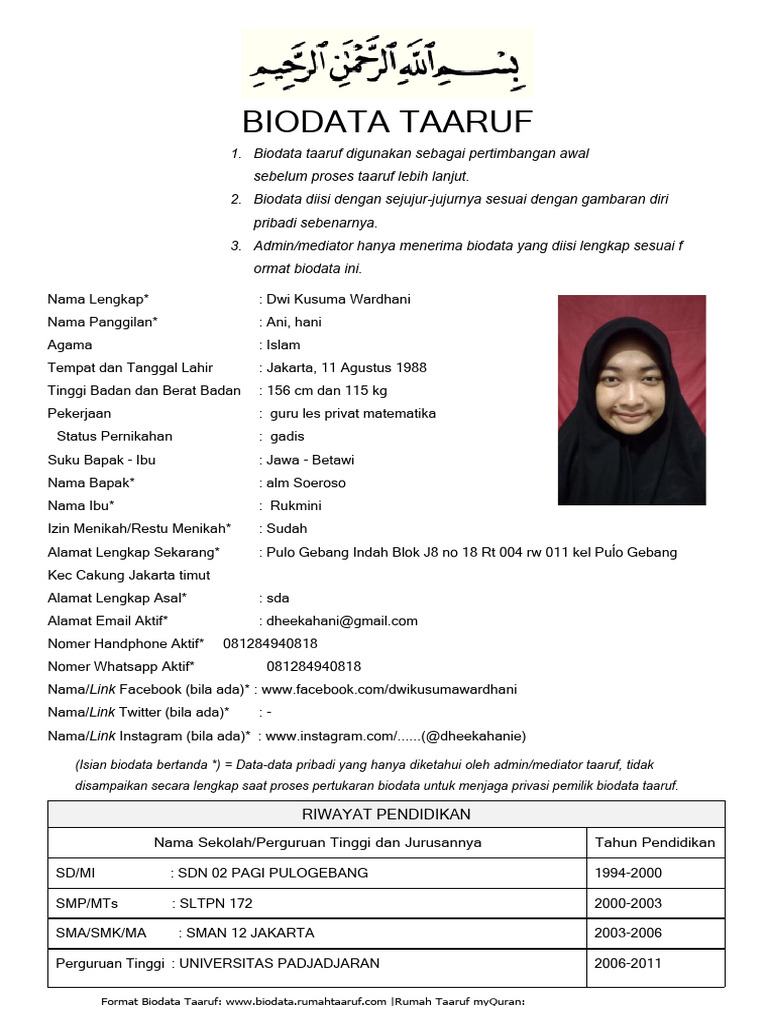 Format Biodata Taaruf Akhwat | PDF