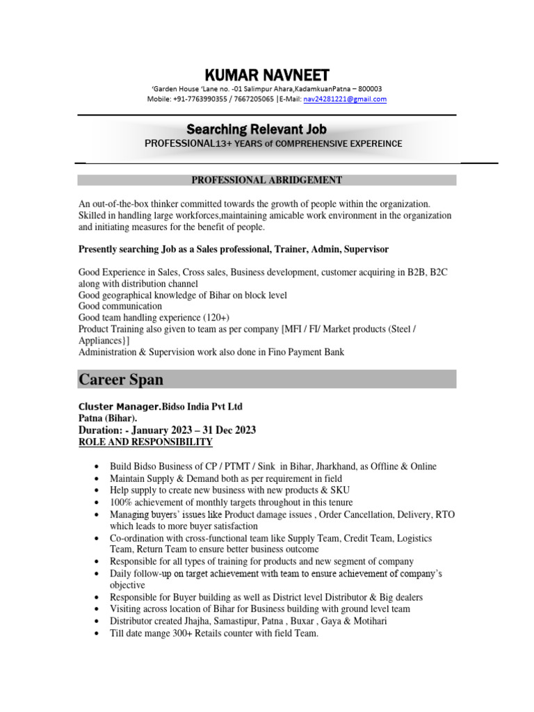Kumar Navneet - RESUME. | Download Free PDF | Sales | Inventory