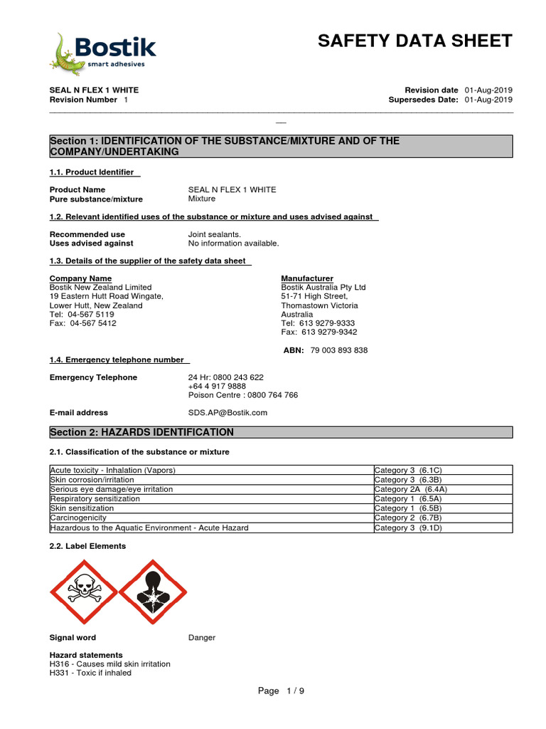 Seal N Flex 1 White Safety Data Sheet | PDF | Chemical Reactions | Toxicity