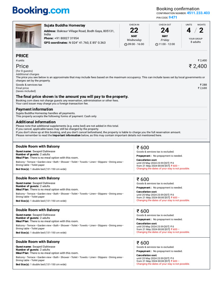 Booking Confirmation | PDF | Fee | Payments