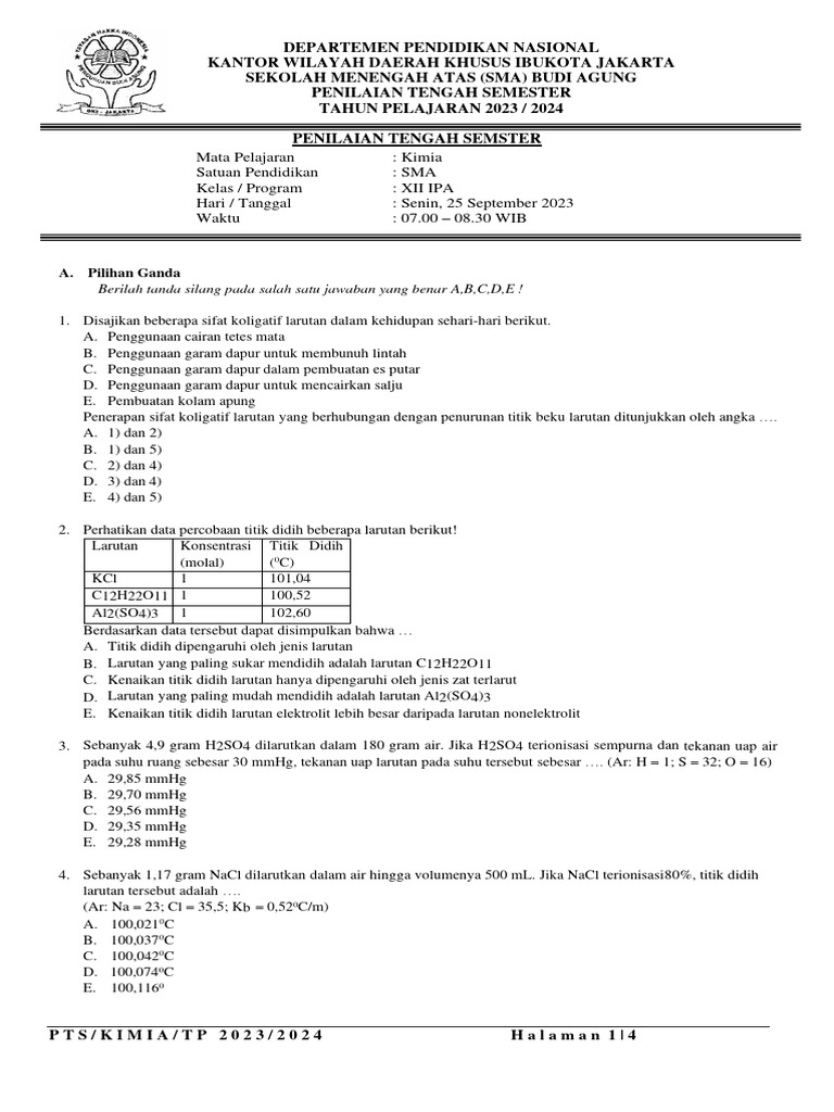 Soal PTS Kimia XII-IPA - BA | PDF | Sains & Matematika