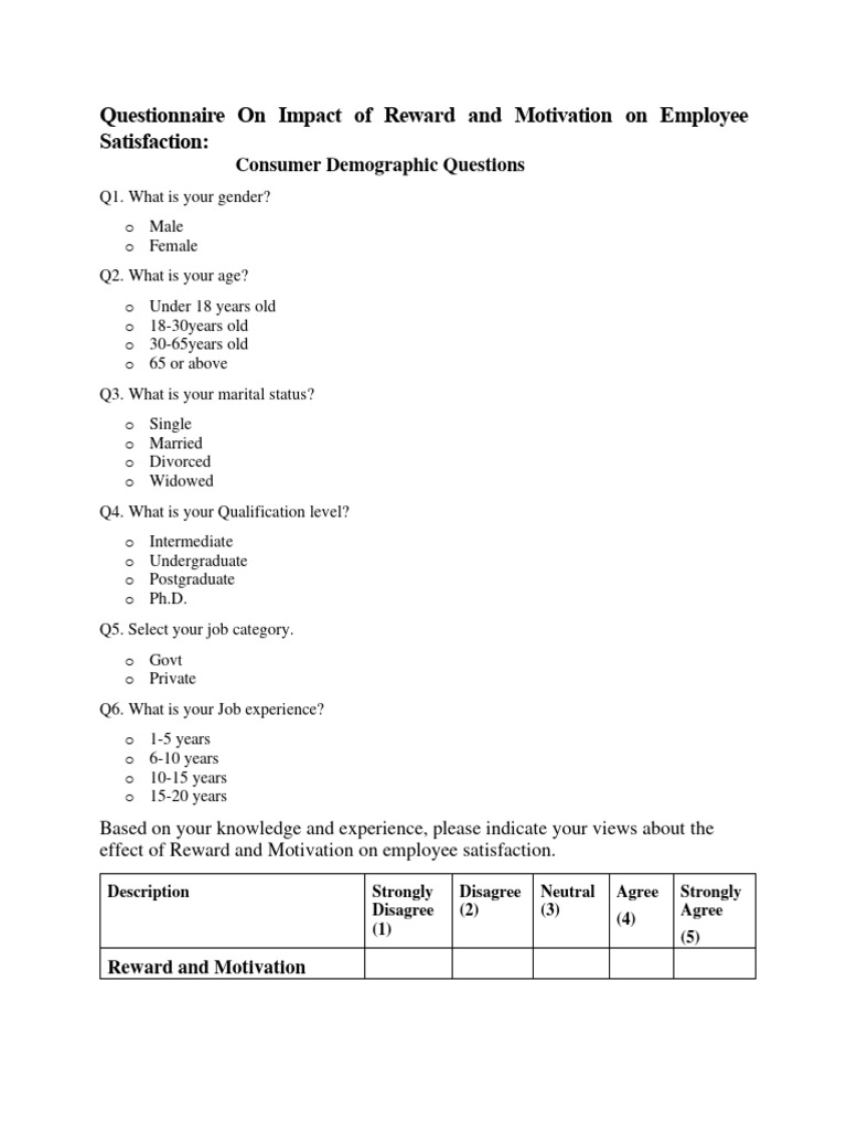 Questionnaire On Impact of Reward and Motivation On Employee | PDF ...