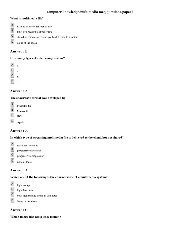 Computer Knowledge-Multimedia MCQ Questions-Paper1: A B C D | Download Free PDF | Data ...