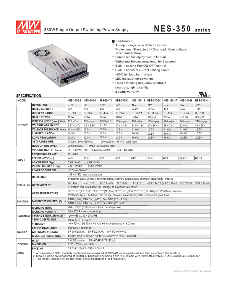 NES-350 Series Power Supply Specs | PDF | Power (Physics) | Electronic ...