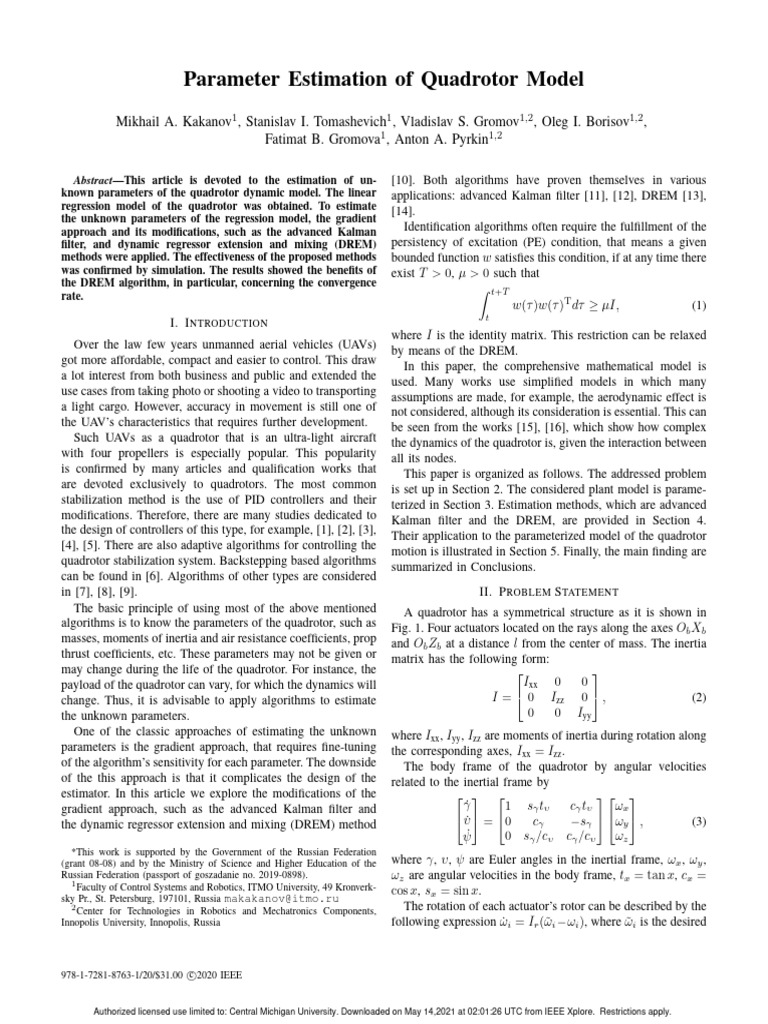 Quadrotor Parameter Estimation Methods | PDF | Kalman Filter | Linear ...