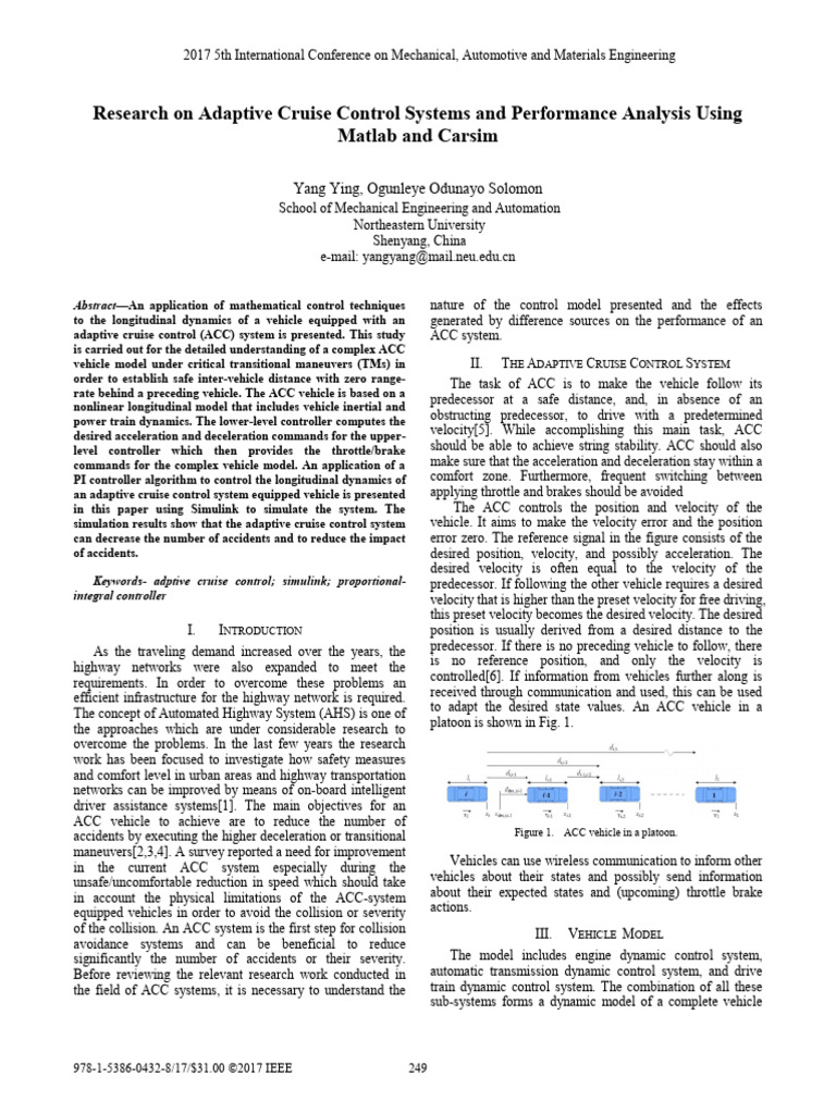 Research On Adaptive Cruise Control Systems and Performance Analysis Using Matlab and Carsim ...