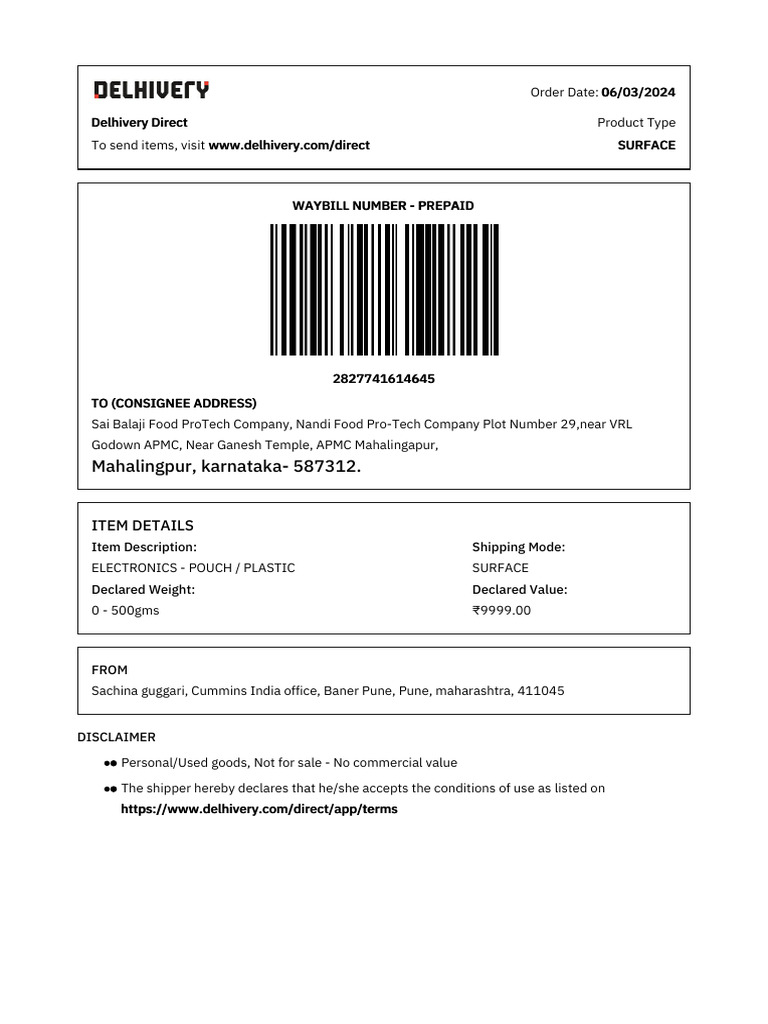 Delhivery Direct Order Details | PDF