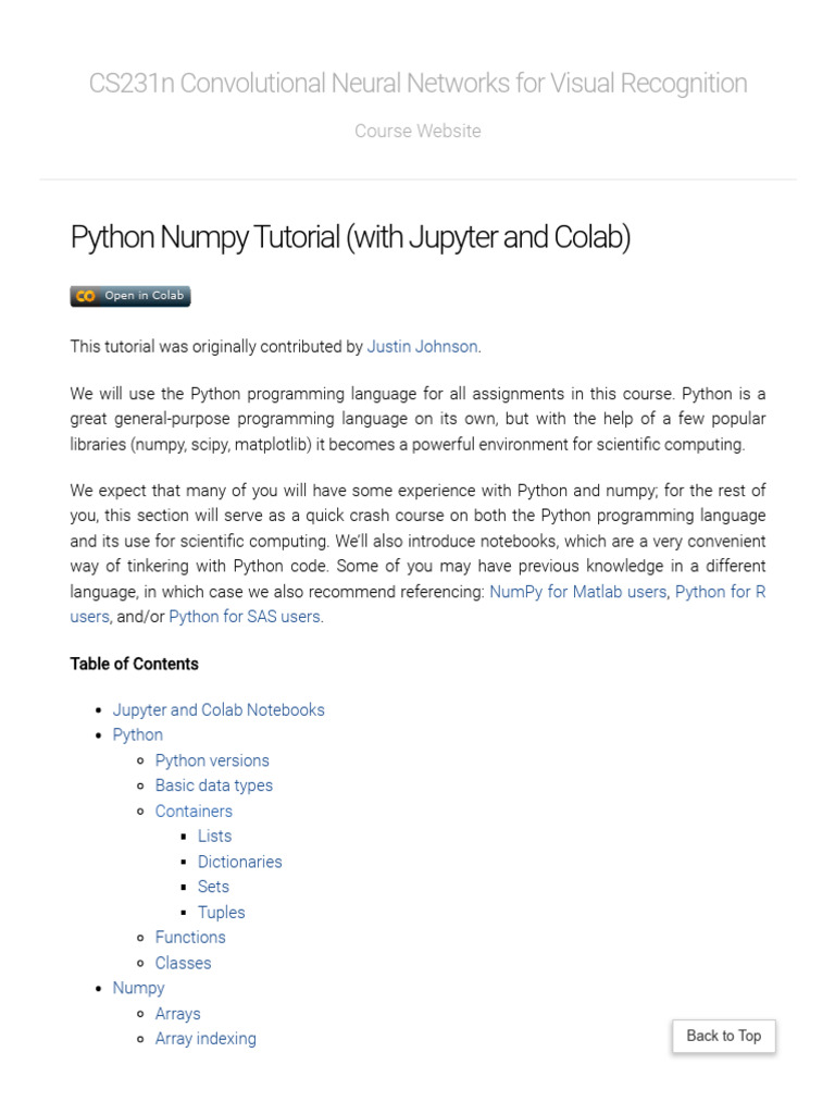Python Numpy Tutorial With Jupyter And Colab Pdf Matrix 2954
