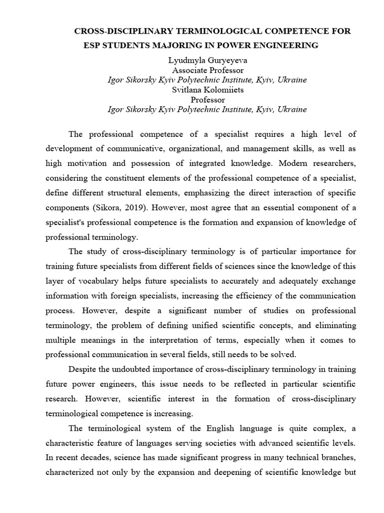 CROSS-DISCIPLINARY TERMINOLOGICAL COMPETENCE - Guryeyeva - Kolomieets | PDF | System | Science