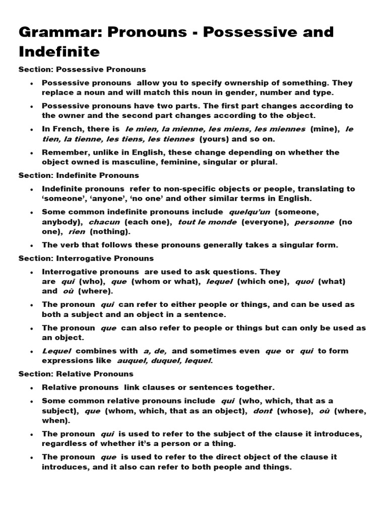 Grammar Pronouns - Possessive and Indefinite | PDF
