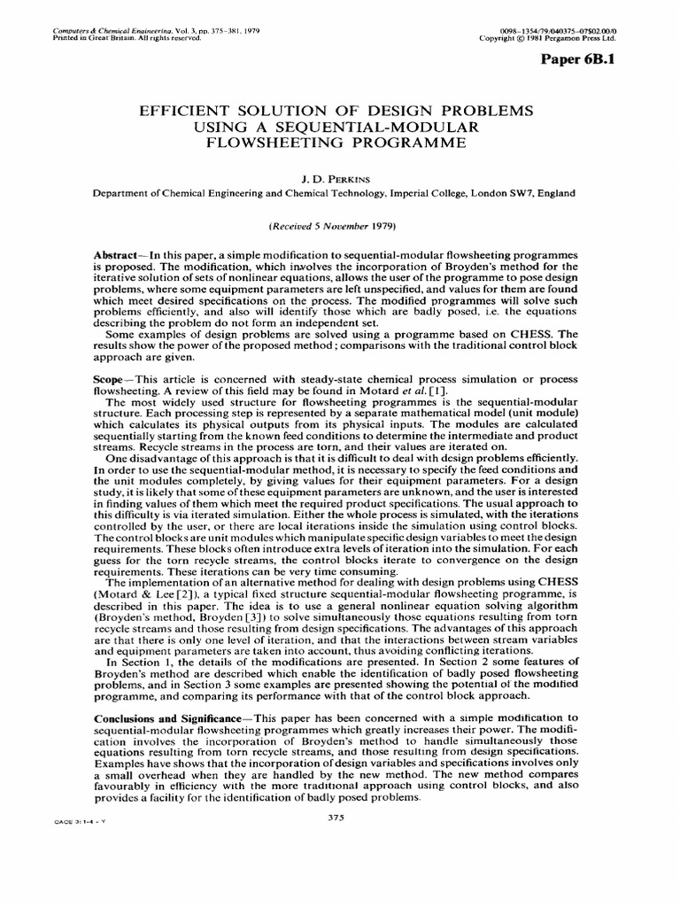 1979 Efficient Solution of Design Problems Using A Sequential-Modular Flowsheeting Programme ...
