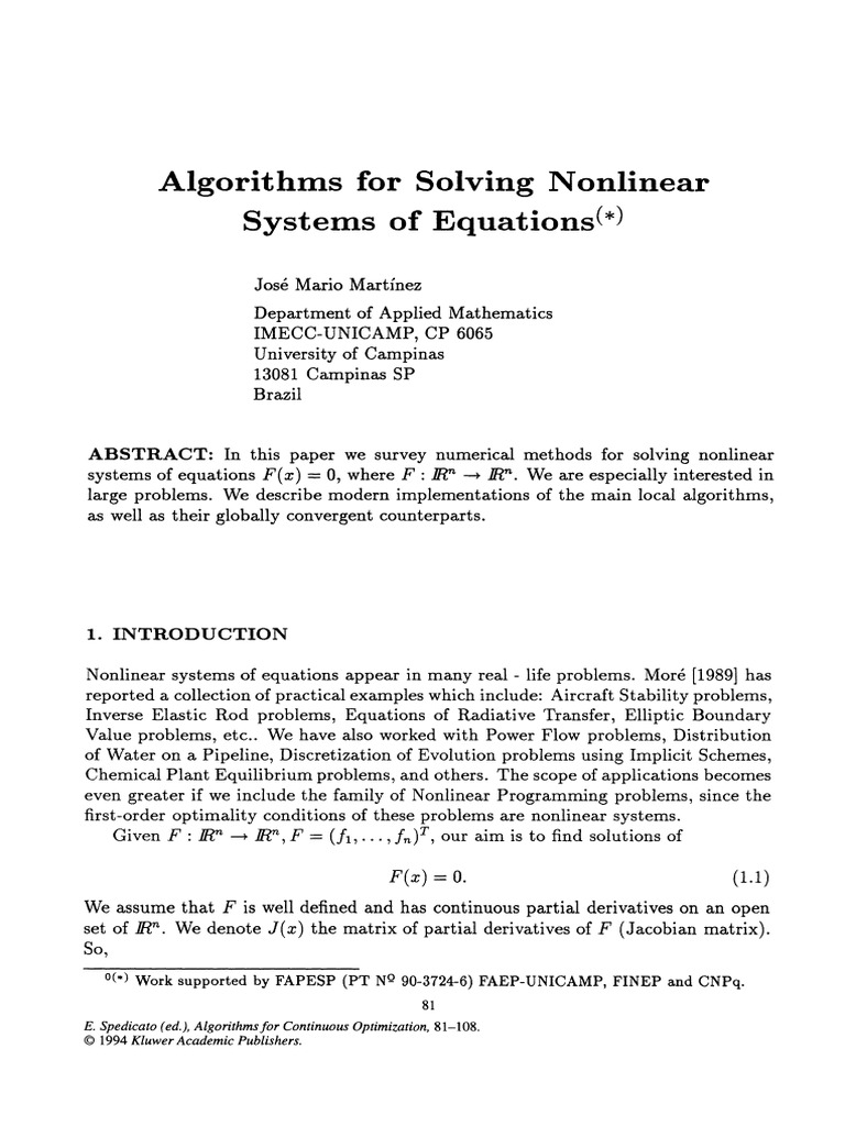 Algorithms For Solving Nonlinear Systems Of Equations Pdf Mathematical Optimization Matrix