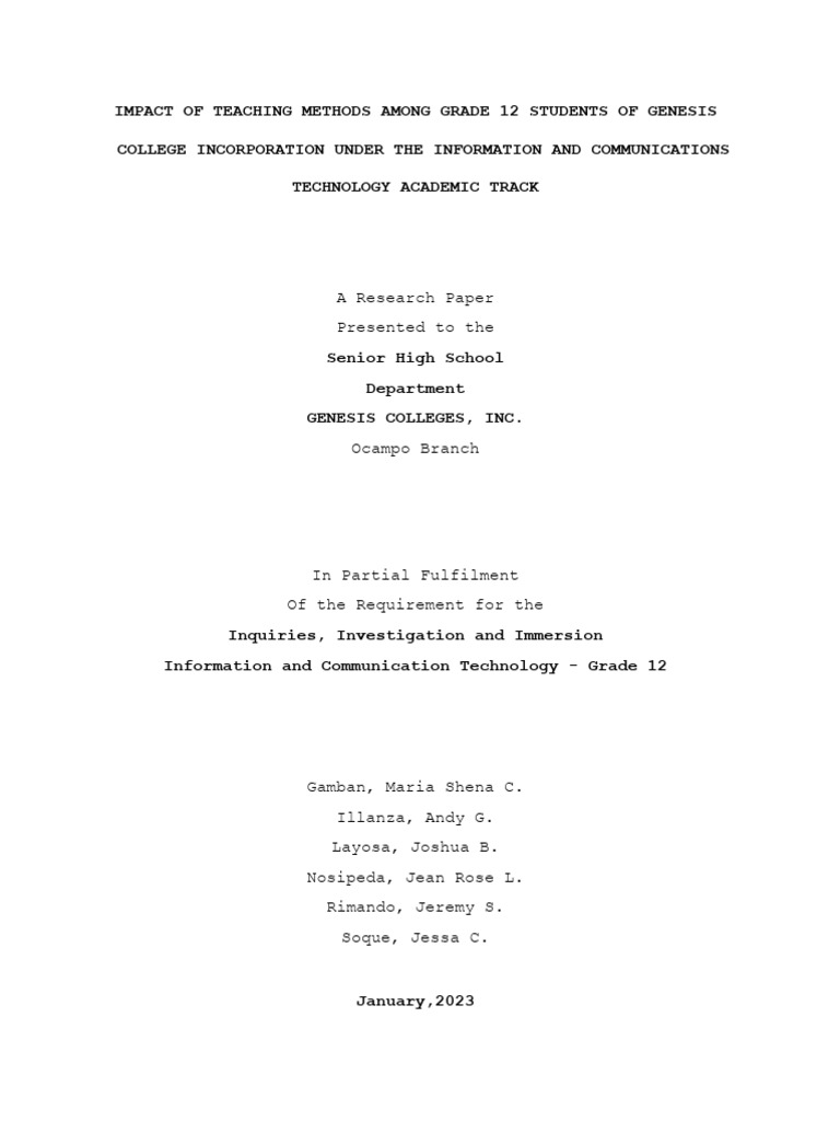 Impact of Teaching Methods Among Grade 12 Students of Information and ...
