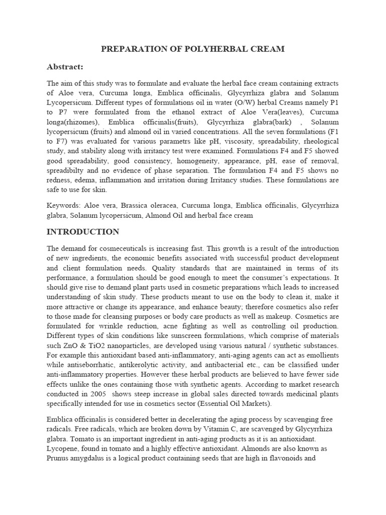 Preparation of Polyherbal Cream Abstract | PDF | Antioxidant | Pharmacy