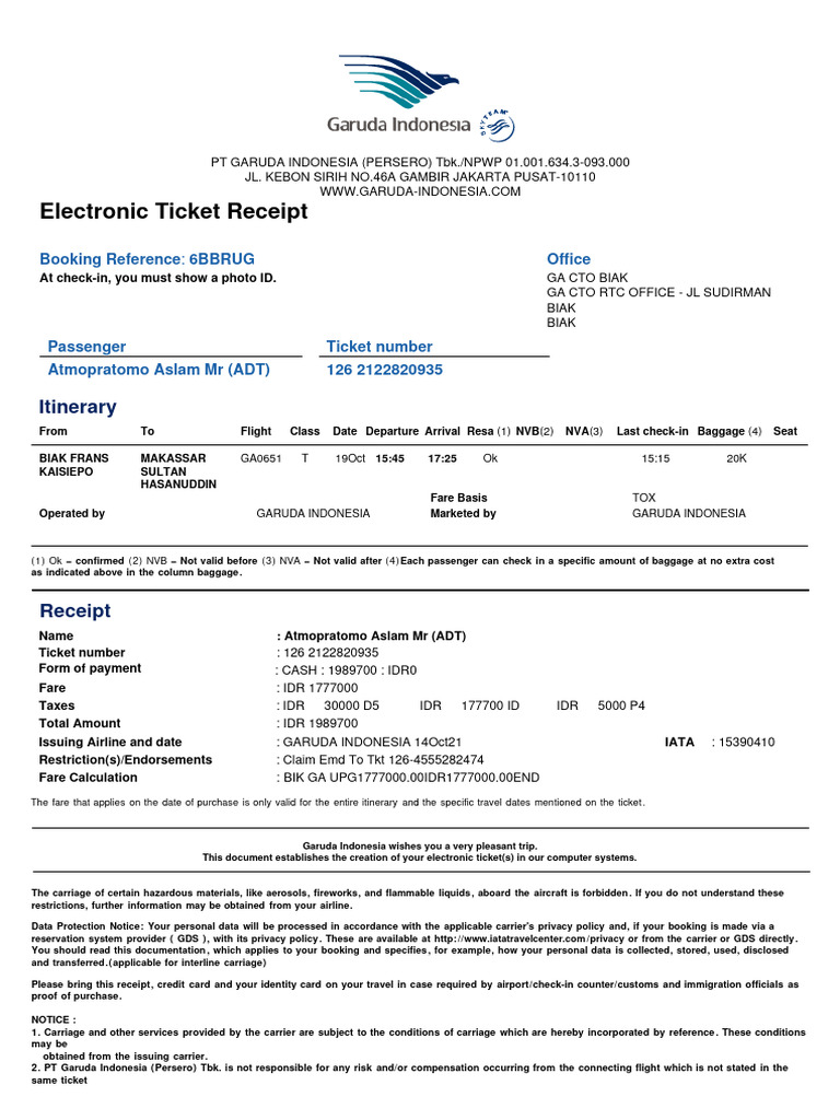Garuda Indonesia Electronic Ticket Receipt | PDF | Dangerous Goods