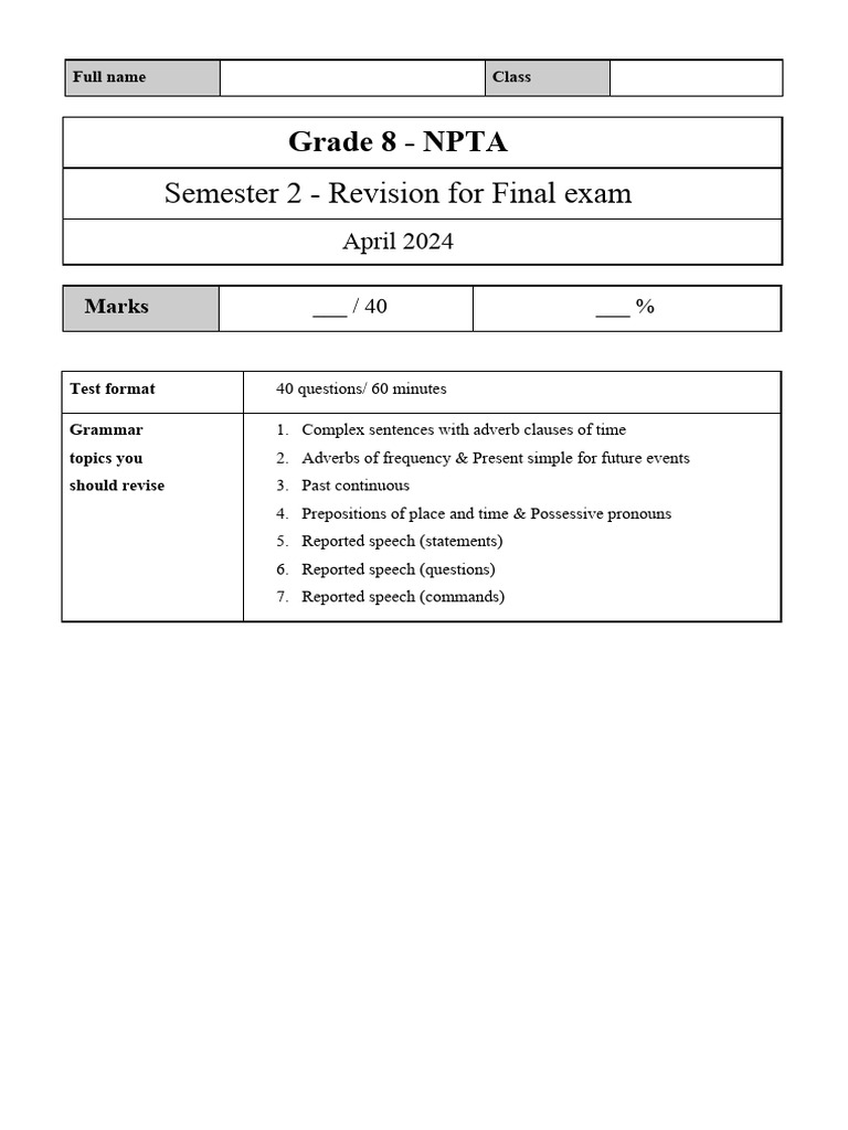 Semester 2 - Revision For Final Exam: Grade 8 - NPTA | Download Free ...