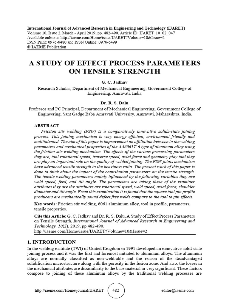 A Study of Effect Process Parameters On Tensile Strength | Download Free PDF | Welding ...