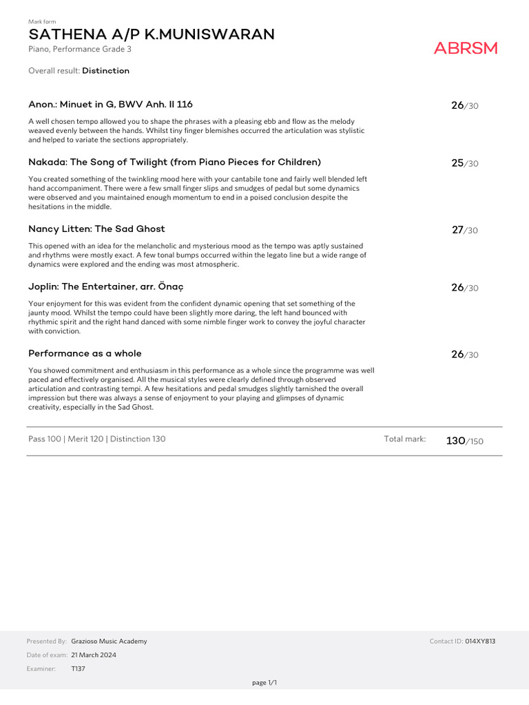 Sathena A - PK - Muniswaranpianoperformance Grade 3 | PDF | Tempo | Musical Forms