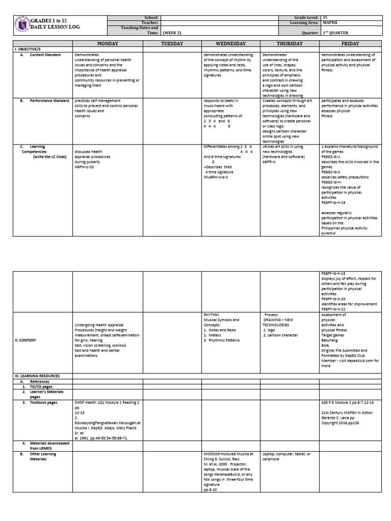 Mapeh DLL | PDF | Learning | Teachers