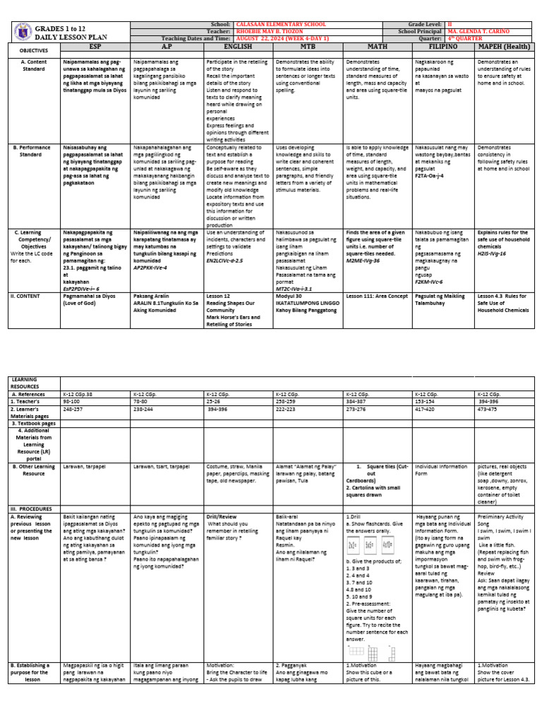 DLL - All Subjects 2 - Q4 - W4 - D1 | PDF | Cognition