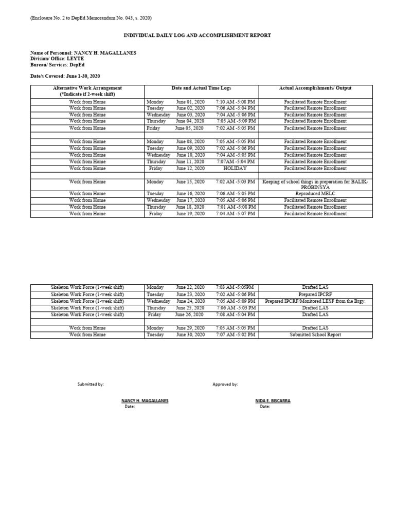 Daily Accomplishment Report - June 2020 | PDF | Working Time | Working ...