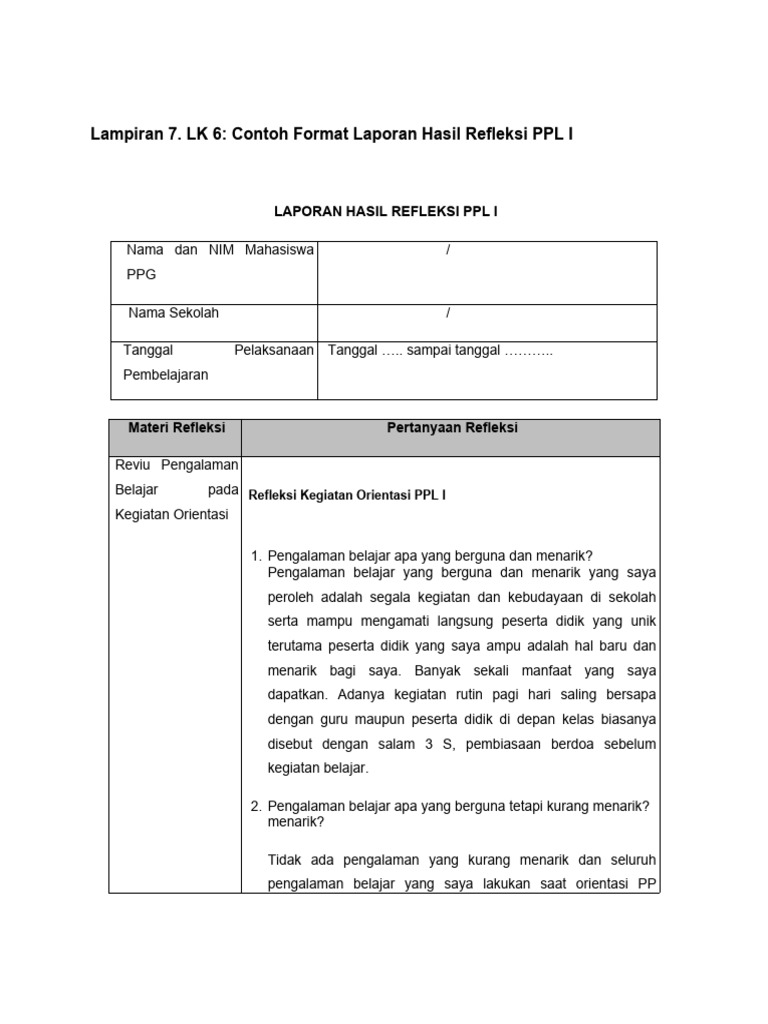 Lampiran 7. LK 6 Contoh Format Laporan Hasil Refleksi PPL I | PDF ...
