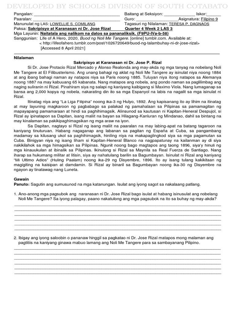 Filipino 9 Quarter 4 Week 2 Las 3 | PDF