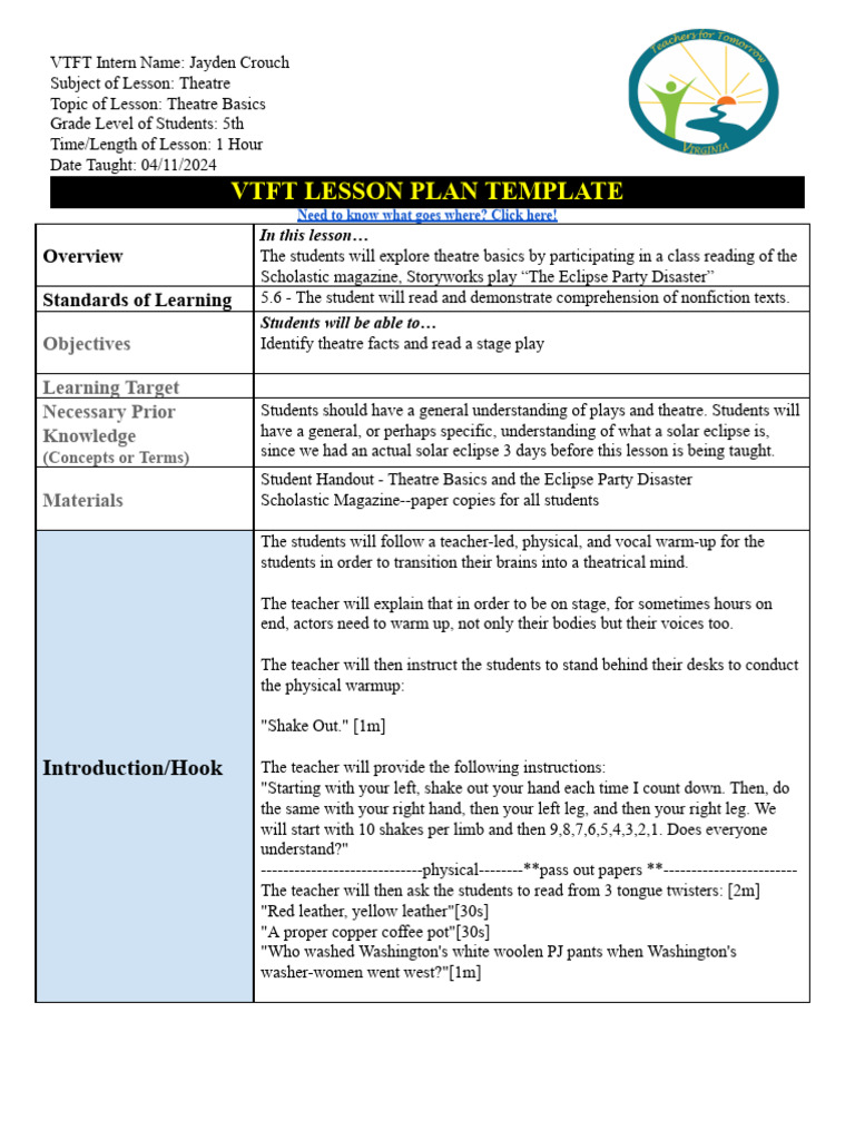 Jayden Crouch - Theatre Basics Lesson Plan 1 | PDF | Lesson Plan ...