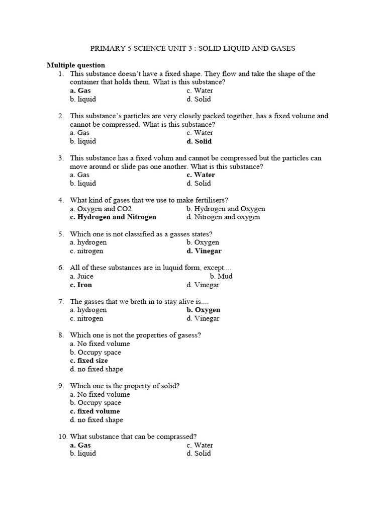 Primary 5 Science Unit 3 Solid Gas and Liquid | PDF | Gases | Liquids