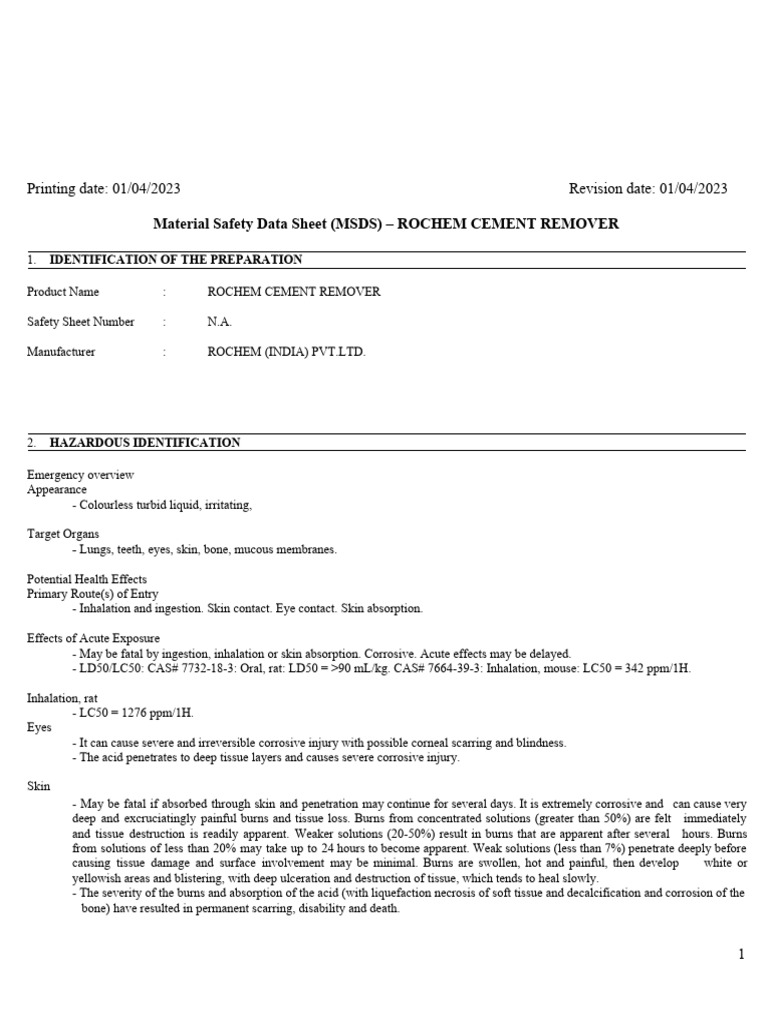 MSDS - Rochem Cement Remover | PDF | Dangerous Goods | Hazardous Waste